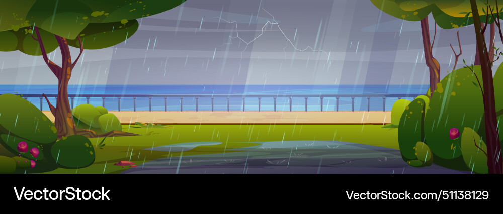 Storm and rain landscape with park on waterfront Vector Image