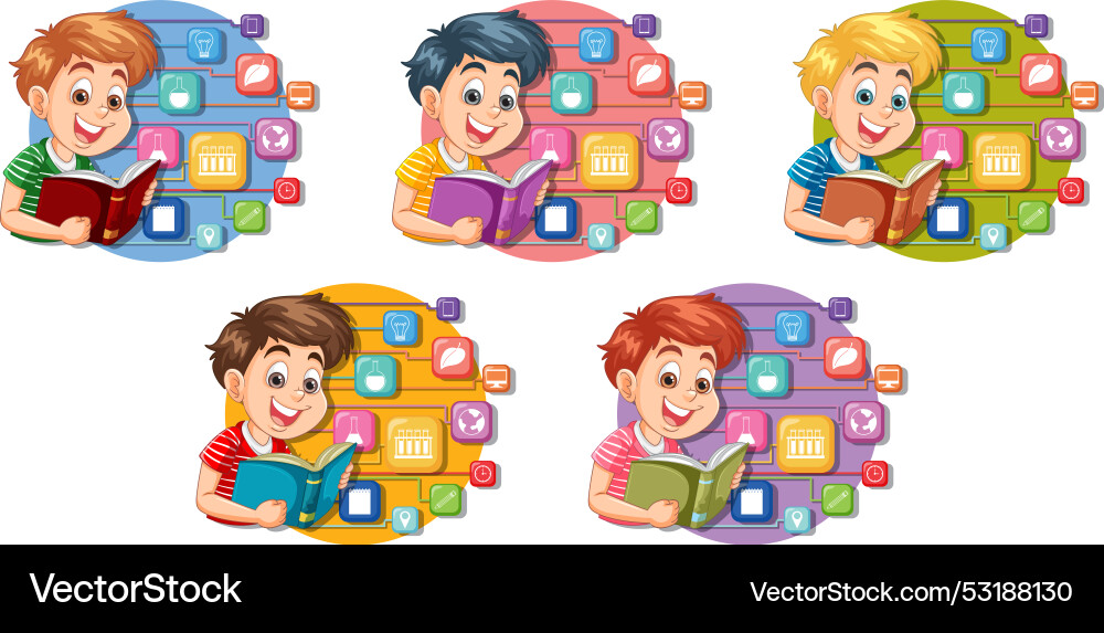 Kids reading books with colorful digital icons Vector Image