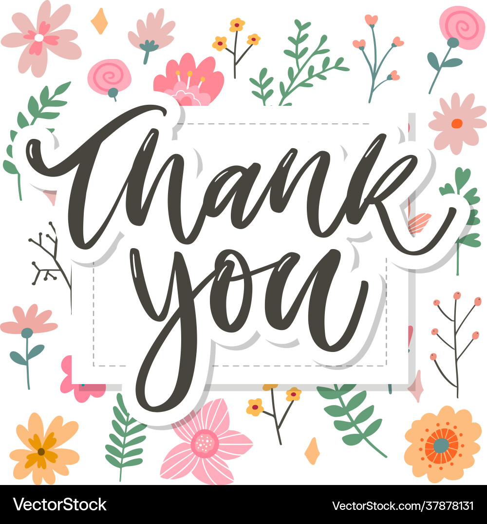 Cute thank you script card flowers letter text Vector Image