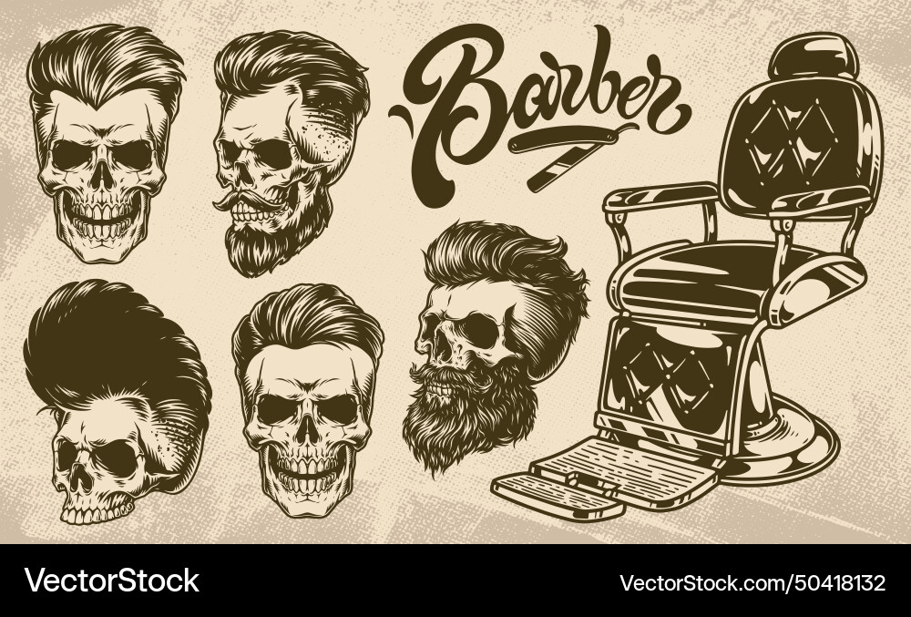 Barber shop set stickers monochrome Royalty Free Vector