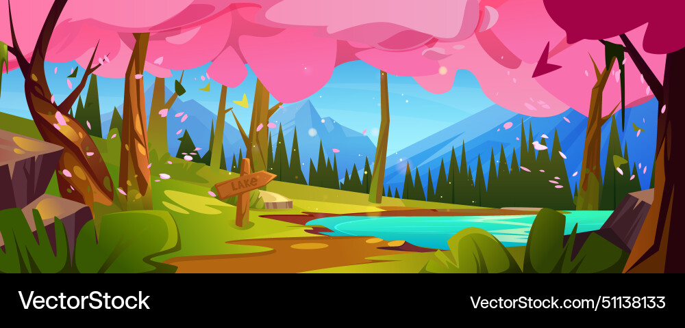Spring mountain lake with sakura trees Royalty Free Vector