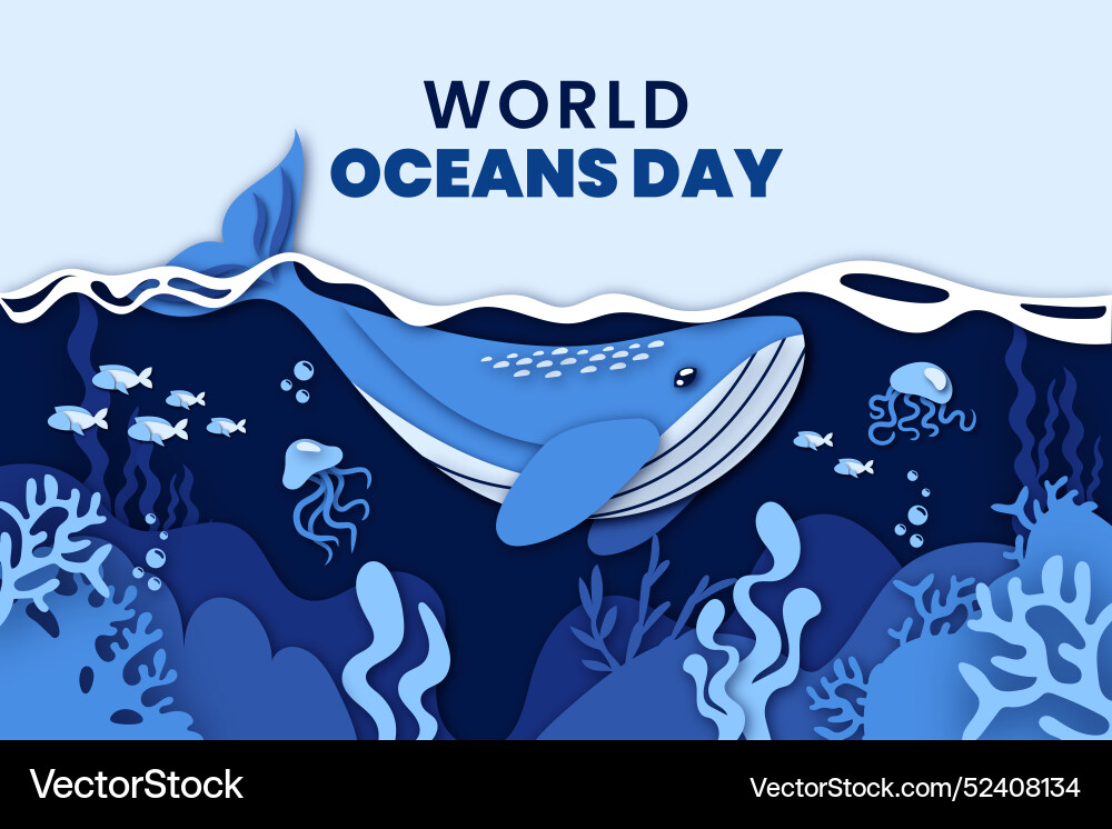 Paper style world oceans day background Royalty Free Vector