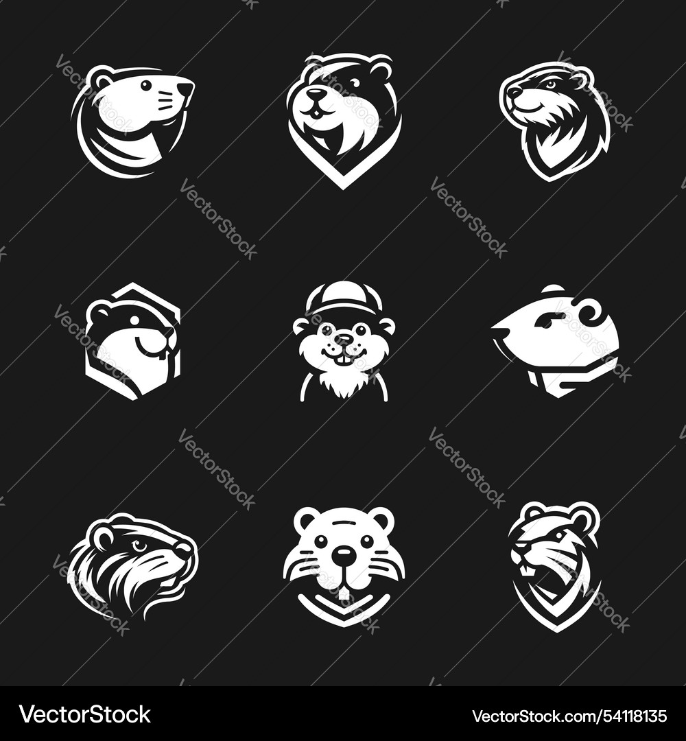 Cute flat beaver icons set black white Royalty Free Vector