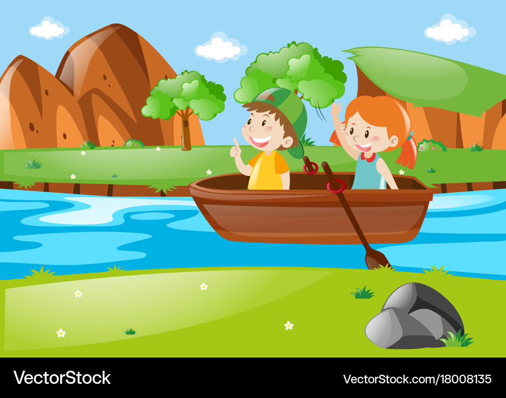 Two kids rowing boat Royalty Free Vector Image