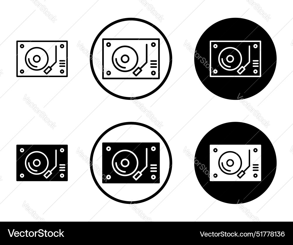 Turntable icon set black filled and outlined style