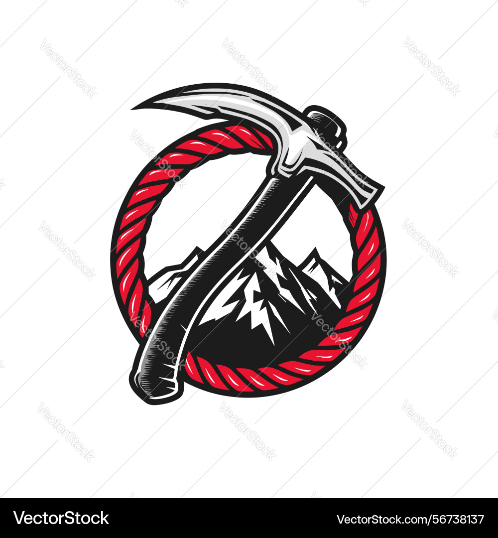 Mountain logo design with pickaxe and rope Vector Image
