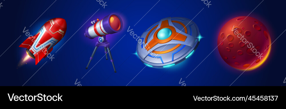 Rocket telescope alien spaceship and planet Vector Image