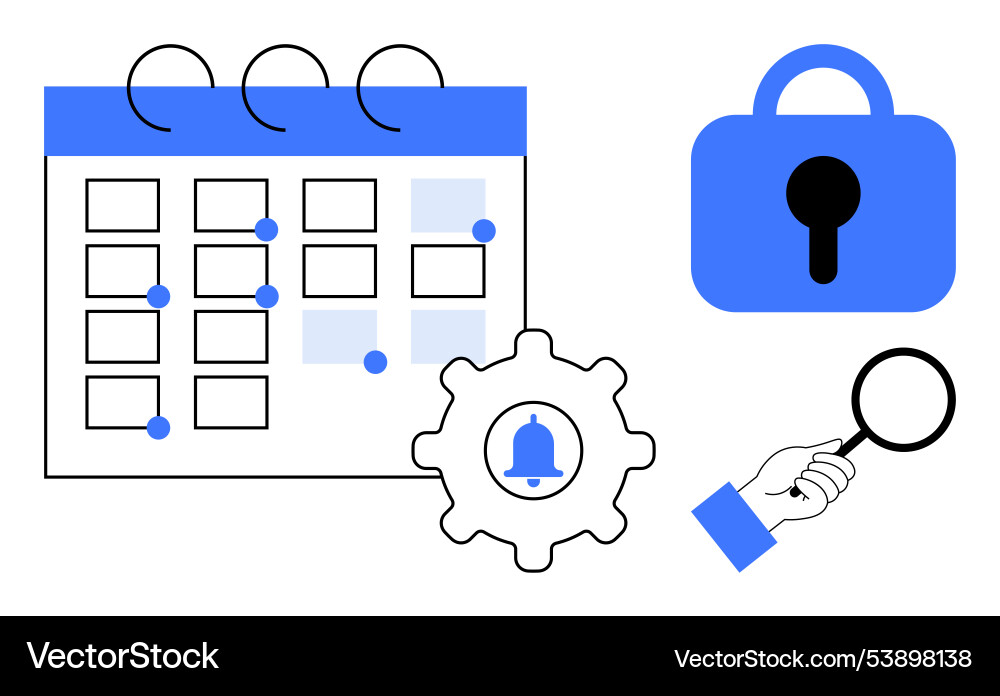 Calendar with lock settings gear and magnifying Vector Image
