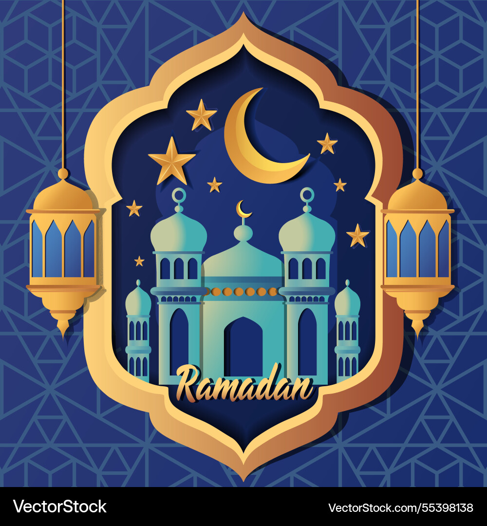 Ramadan celebration with mosque and lanterns Vector Image