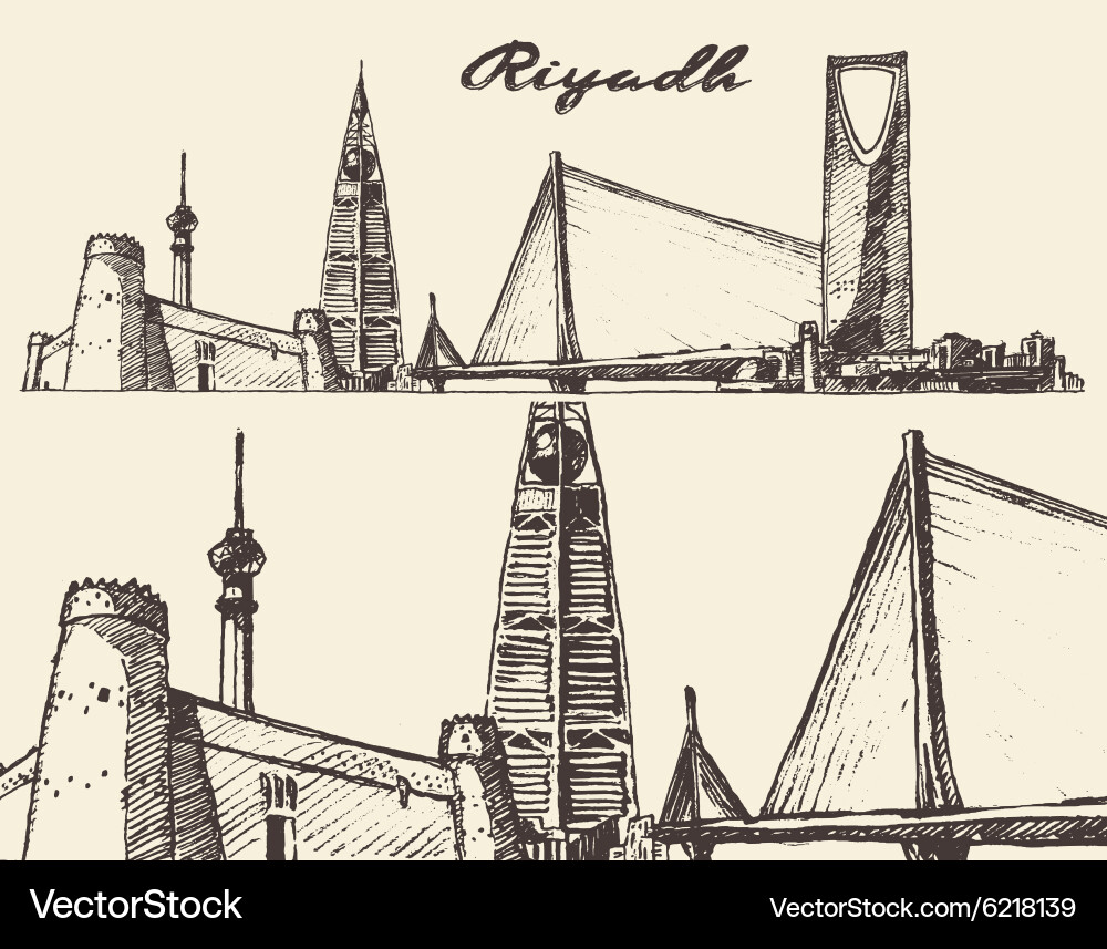 Riyadh skyline engraved hand drawn sketch Vector Image