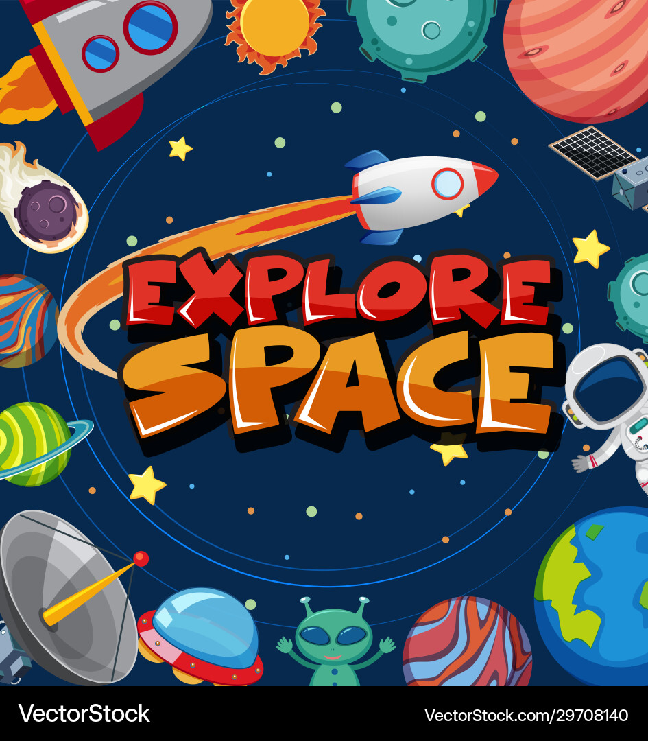 Poster design with many planets and spaceship Vector Image