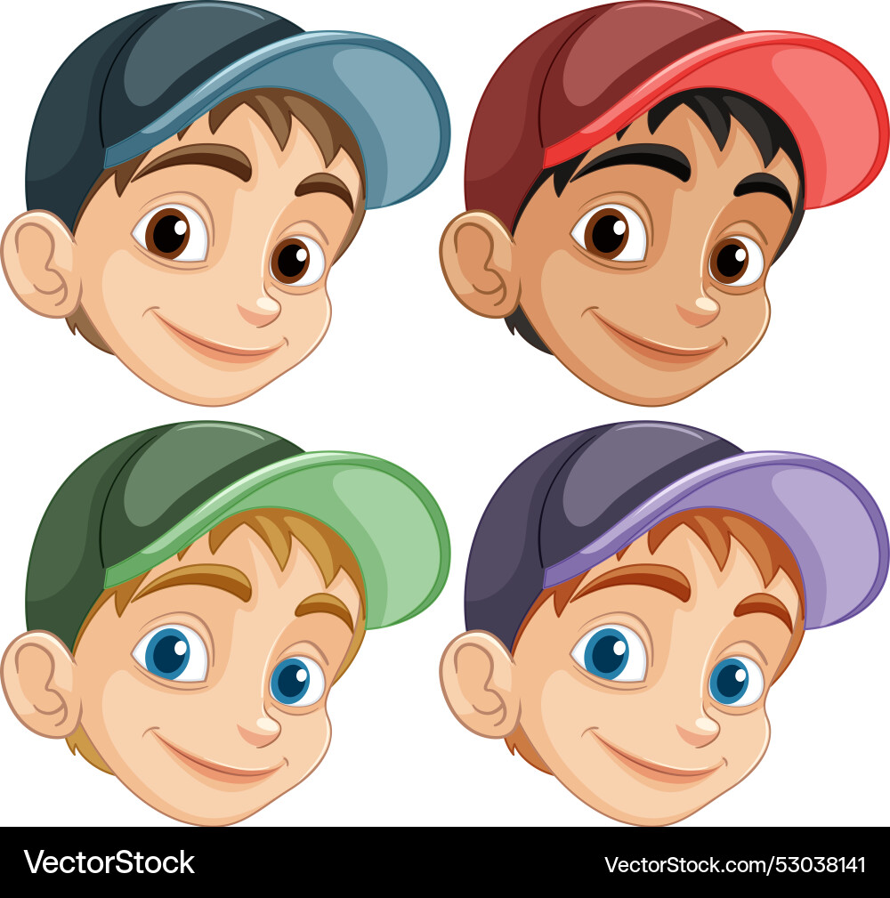 Four boys with different caps and smiles Vector Image