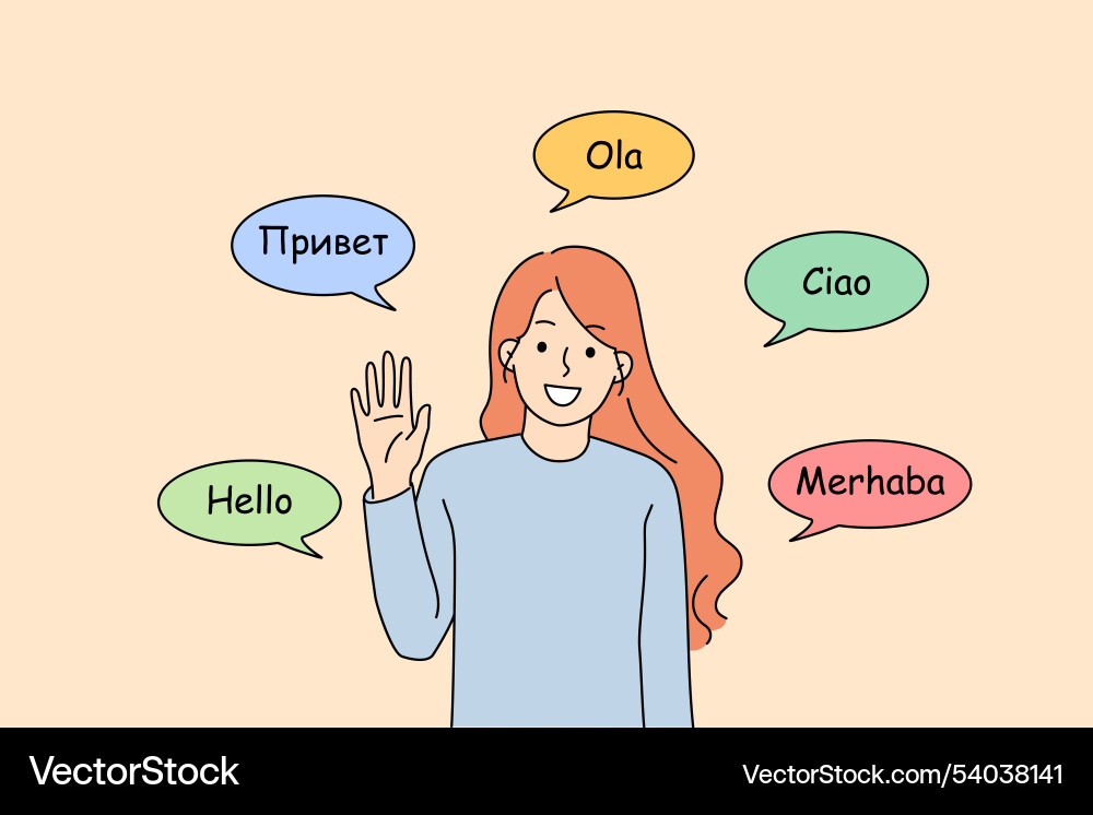 Polyglot woman says hello in different languages Vector Image