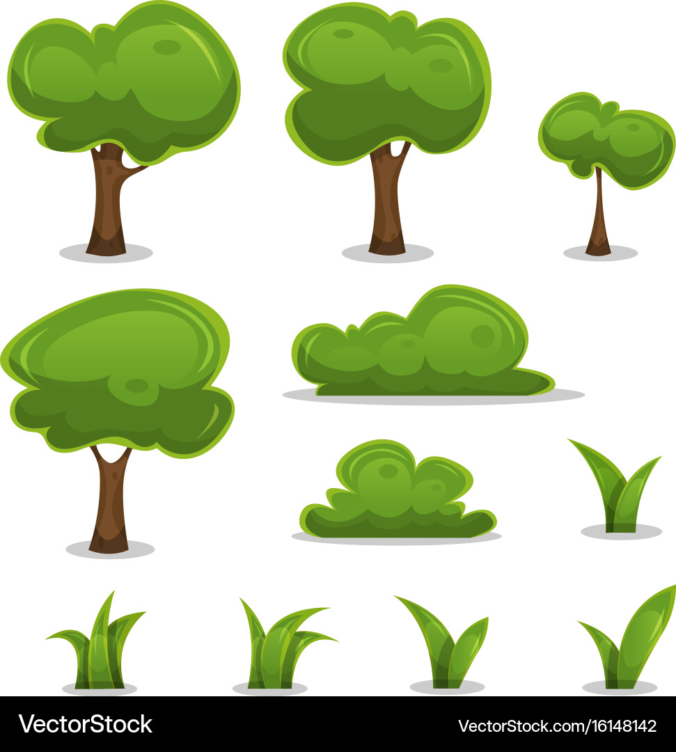 Cartoon trees hedges and grass leaves set Vector Image