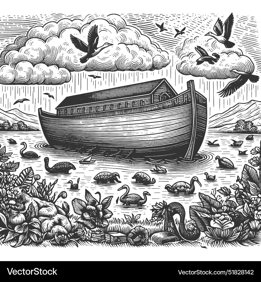 Noah ark engraving sketch Royalty Free Vector Image