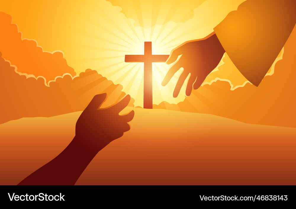 God hand reaching out for human with cross Vector Image