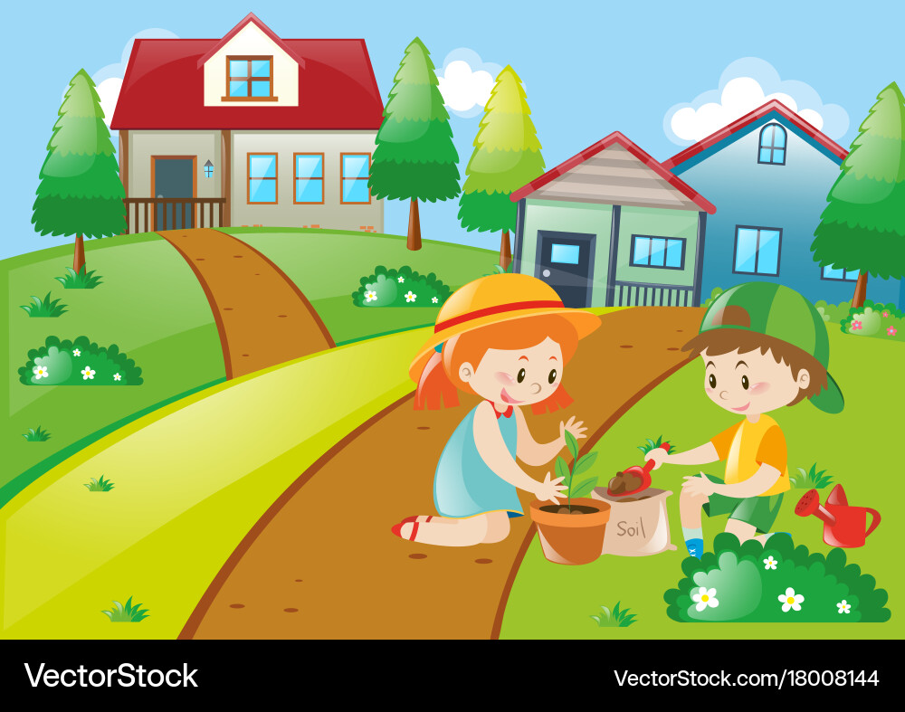 Cute kids planting trees Royalty Free Vector Image