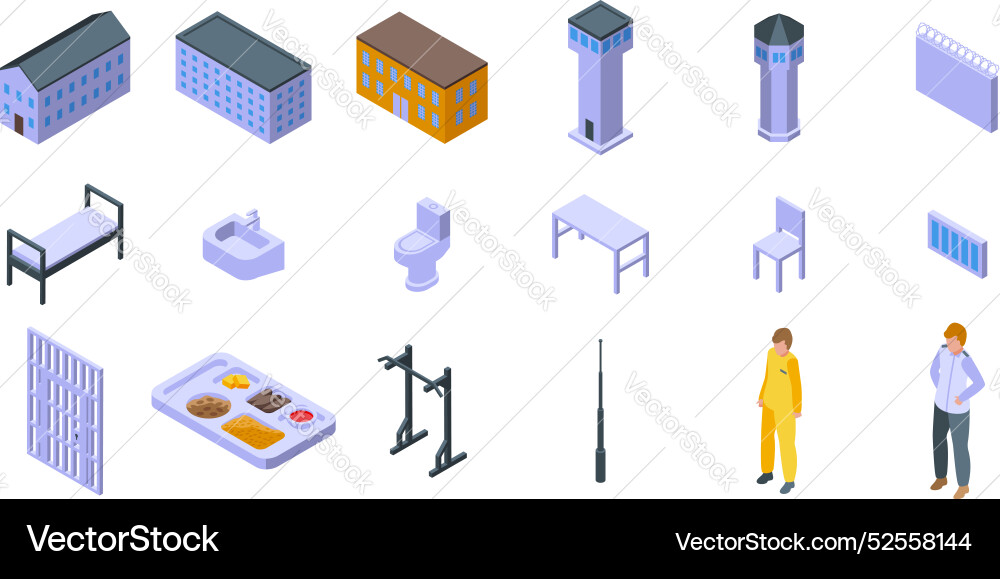 Prison building icons set life isometric Vector Image