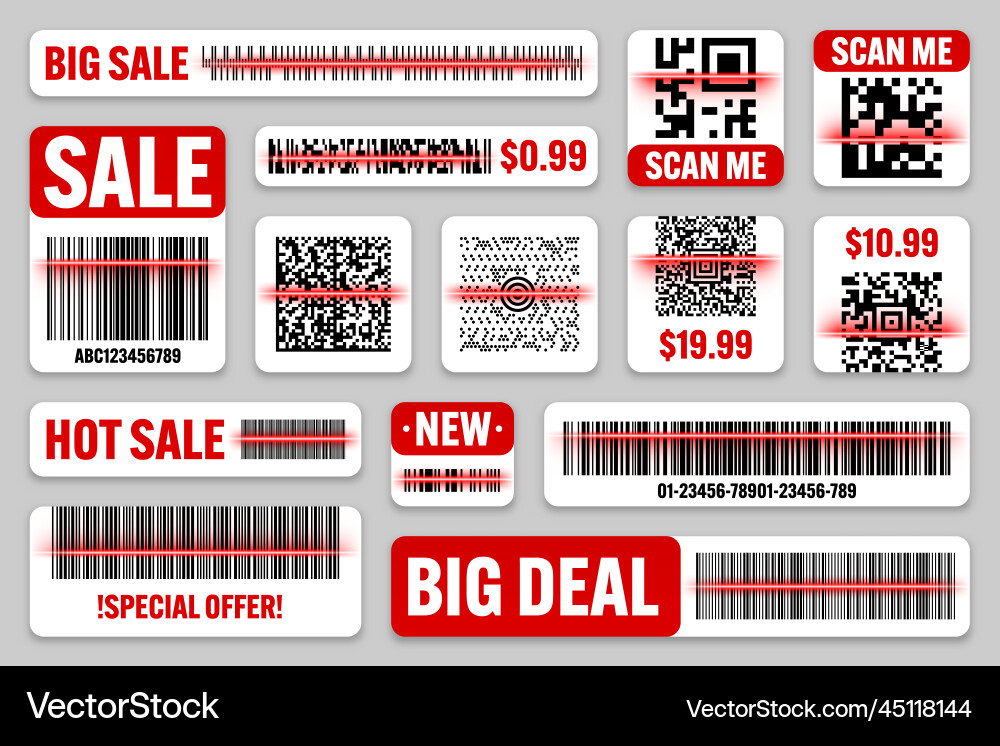 Product barcodes and qr codes with red scanning Vector Image