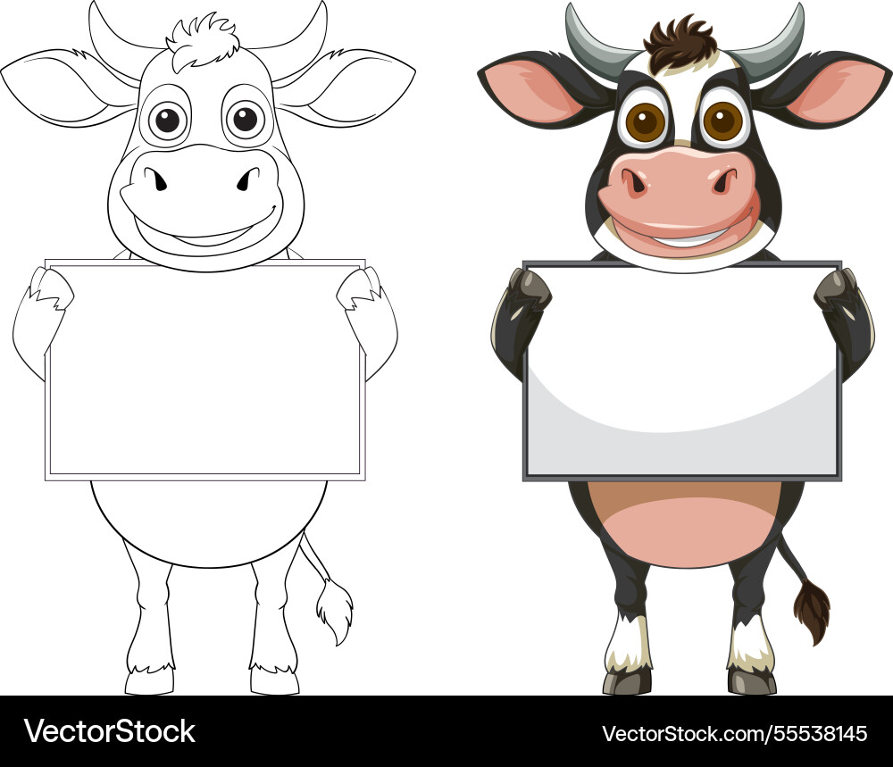 Two cows with signs one colored outlined Vector Image