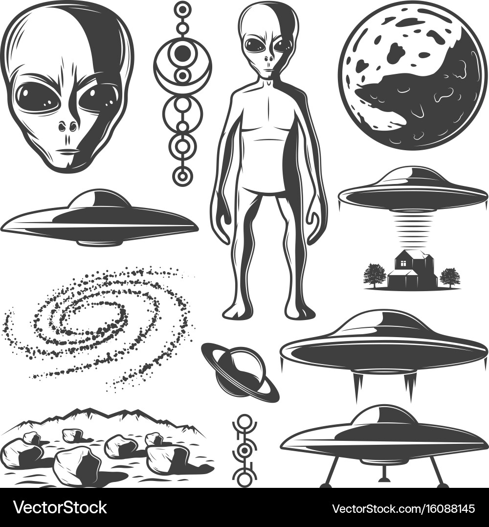 Vintage monochrome ufo elements set Royalty Free Vector