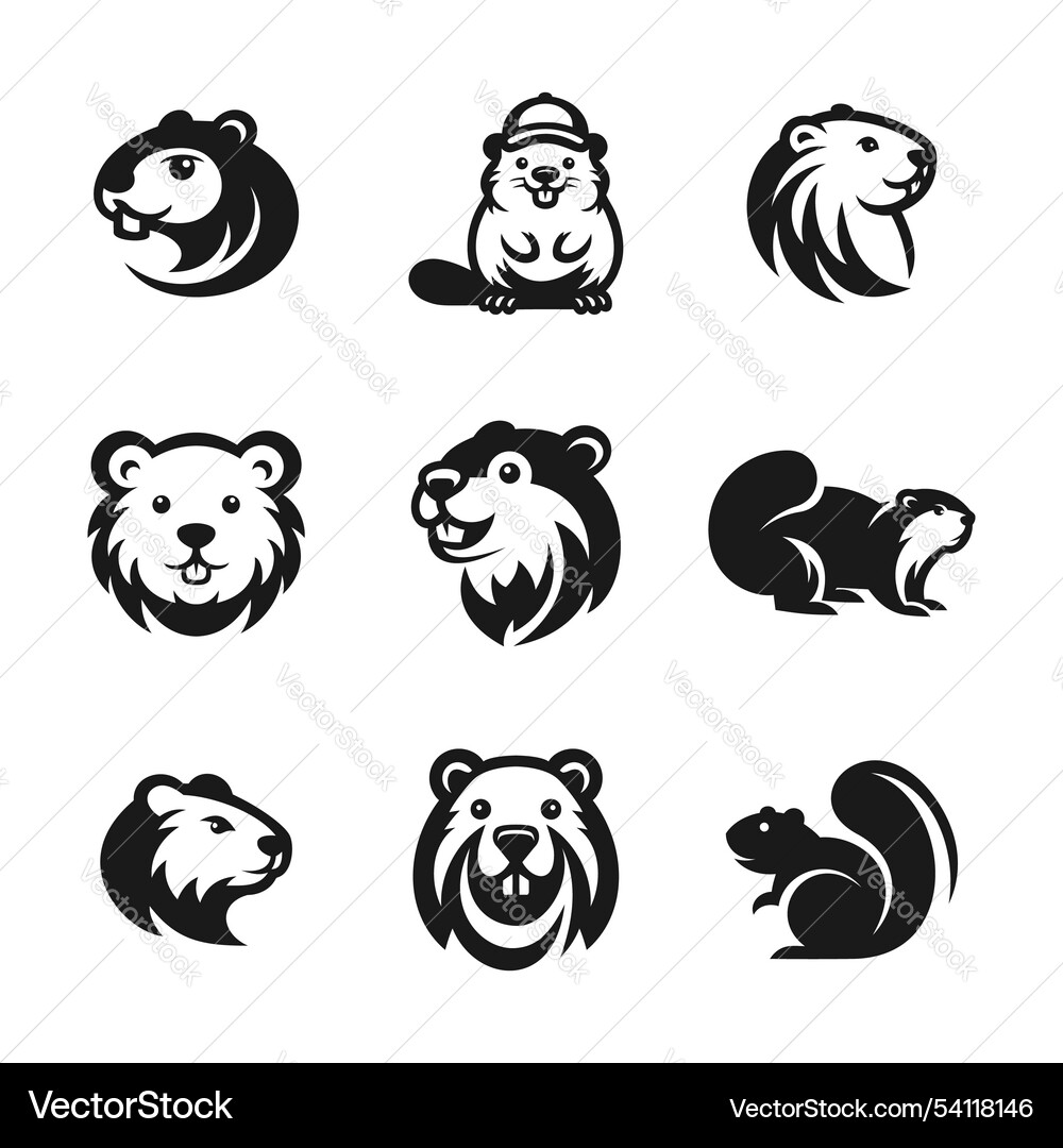 Cute flat beaver icons set black white v9 Vector Image