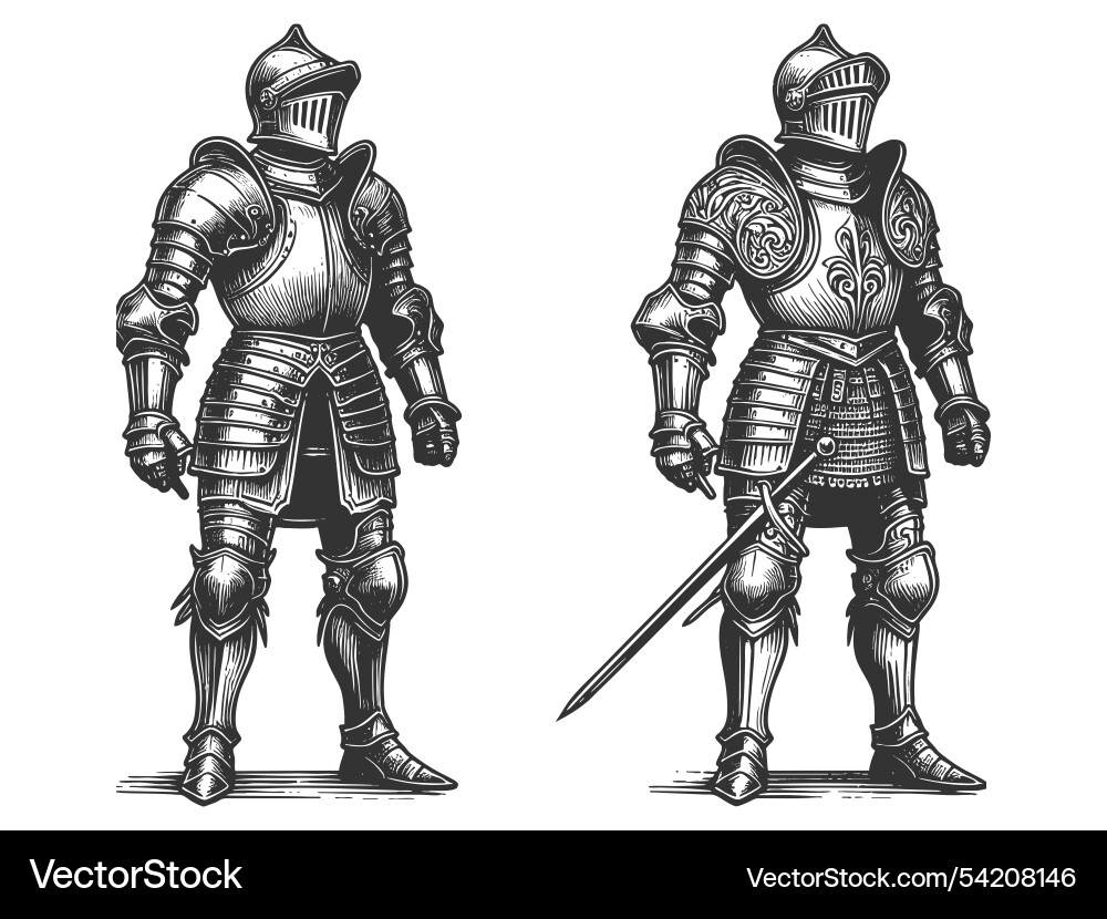 Medieval knight in full armor engraving Royalty Free Vector