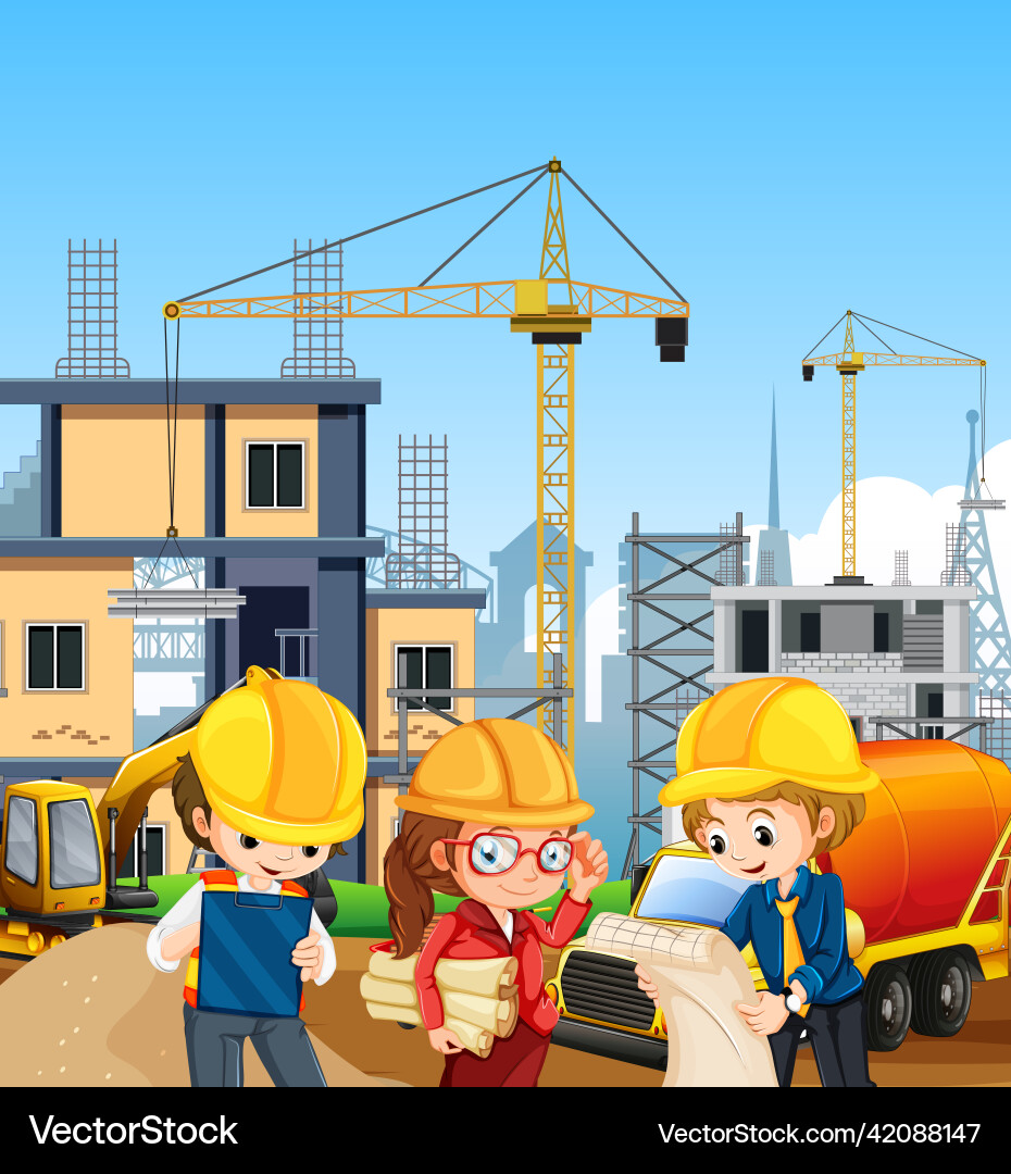 Cartoon scene of building construction site Vector Image