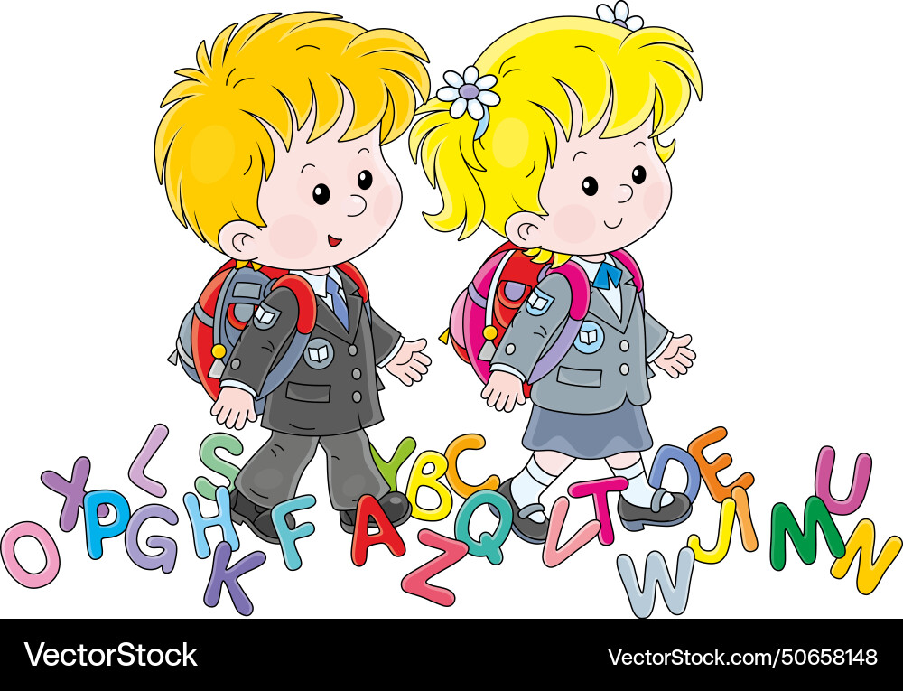 Little schoolkids walking with letters Royalty Free Vector