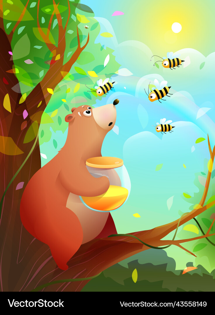 Bär sitzen auf Baum mit Honigglas und wütenden Bienen