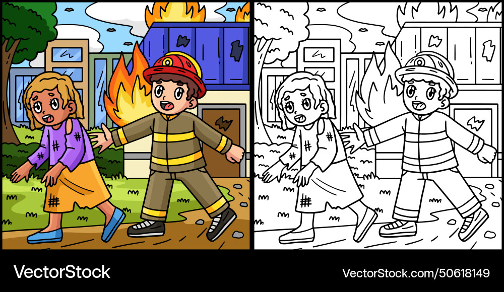 Firefighter escorting a survivor Royalty Free Vector Image
