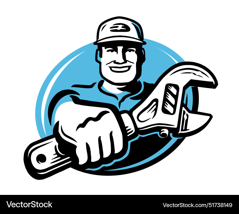 Happy mechanic holding an adjustable wrench Vector Image