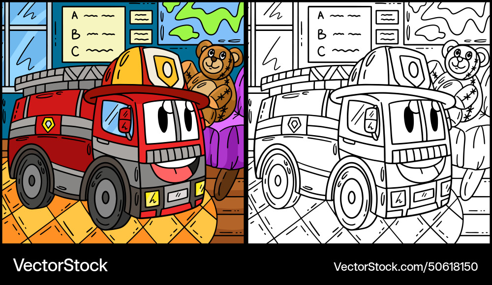 Firefighter truck toy coloring page Royalty Free Vector