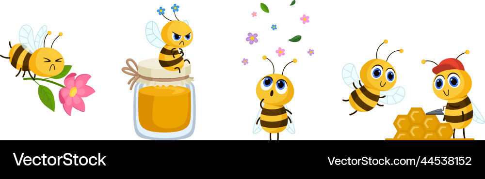 Different emotions cute bees working and flying Vector Image