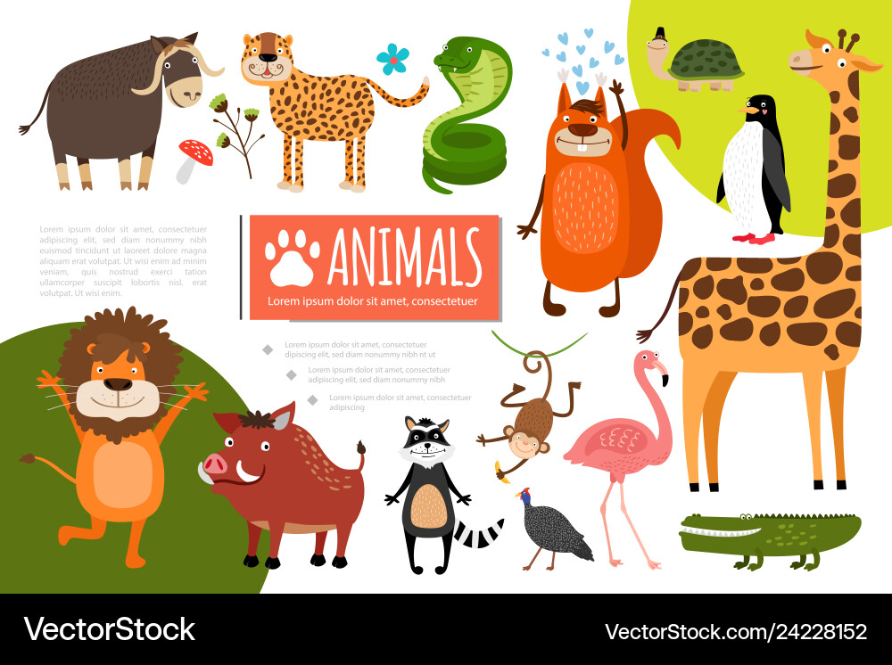 Flat zoo animals composition Royalty Free Vector Image