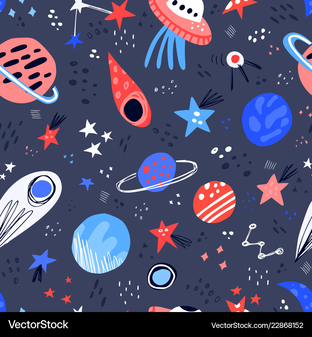 Space hand drawn color seamless pattern Royalty Free Vector