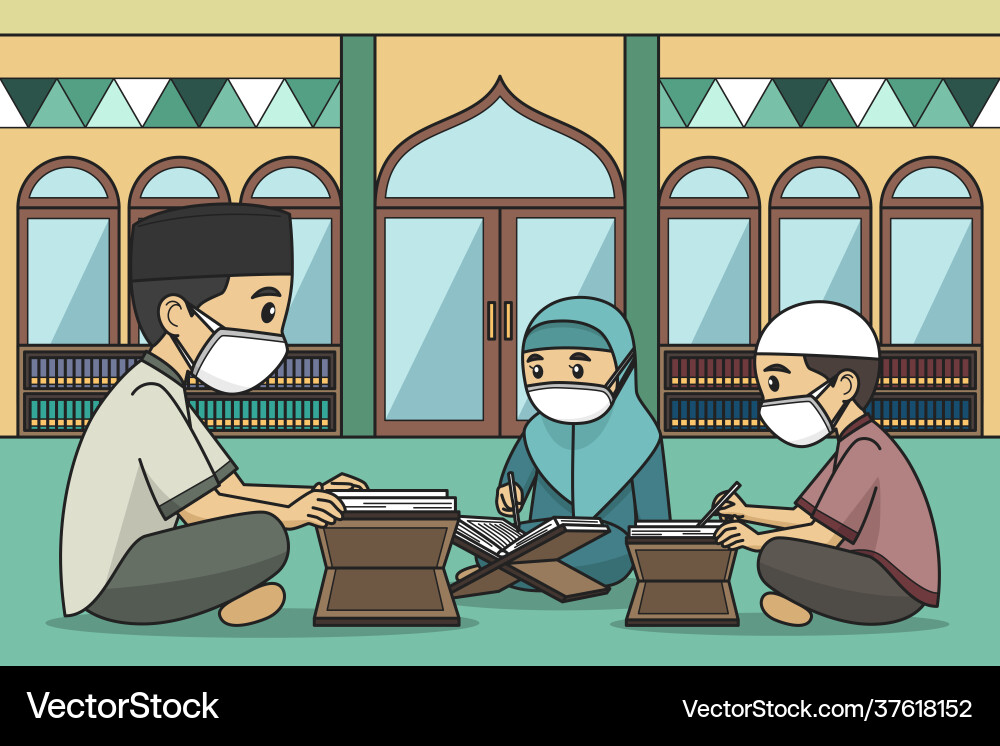 Ustaz and his students read koran Royalty Free Vector Image