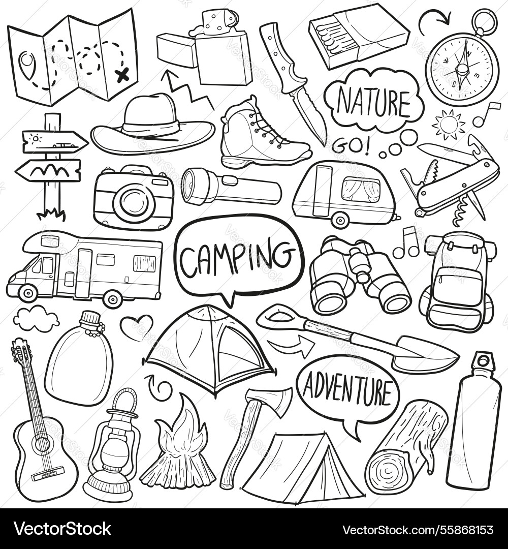 Camping doodle icons line art Royalty Free Vector Image