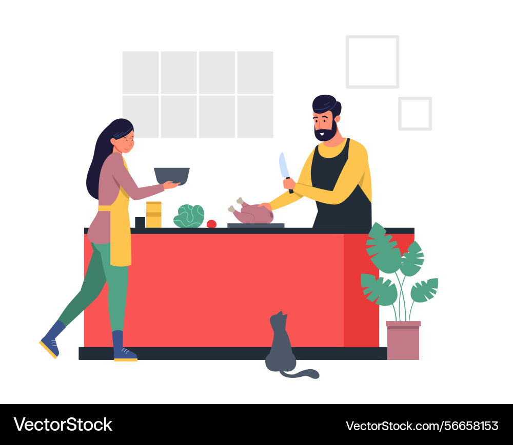 Man and woman wearing aprons while preparing Vector Image