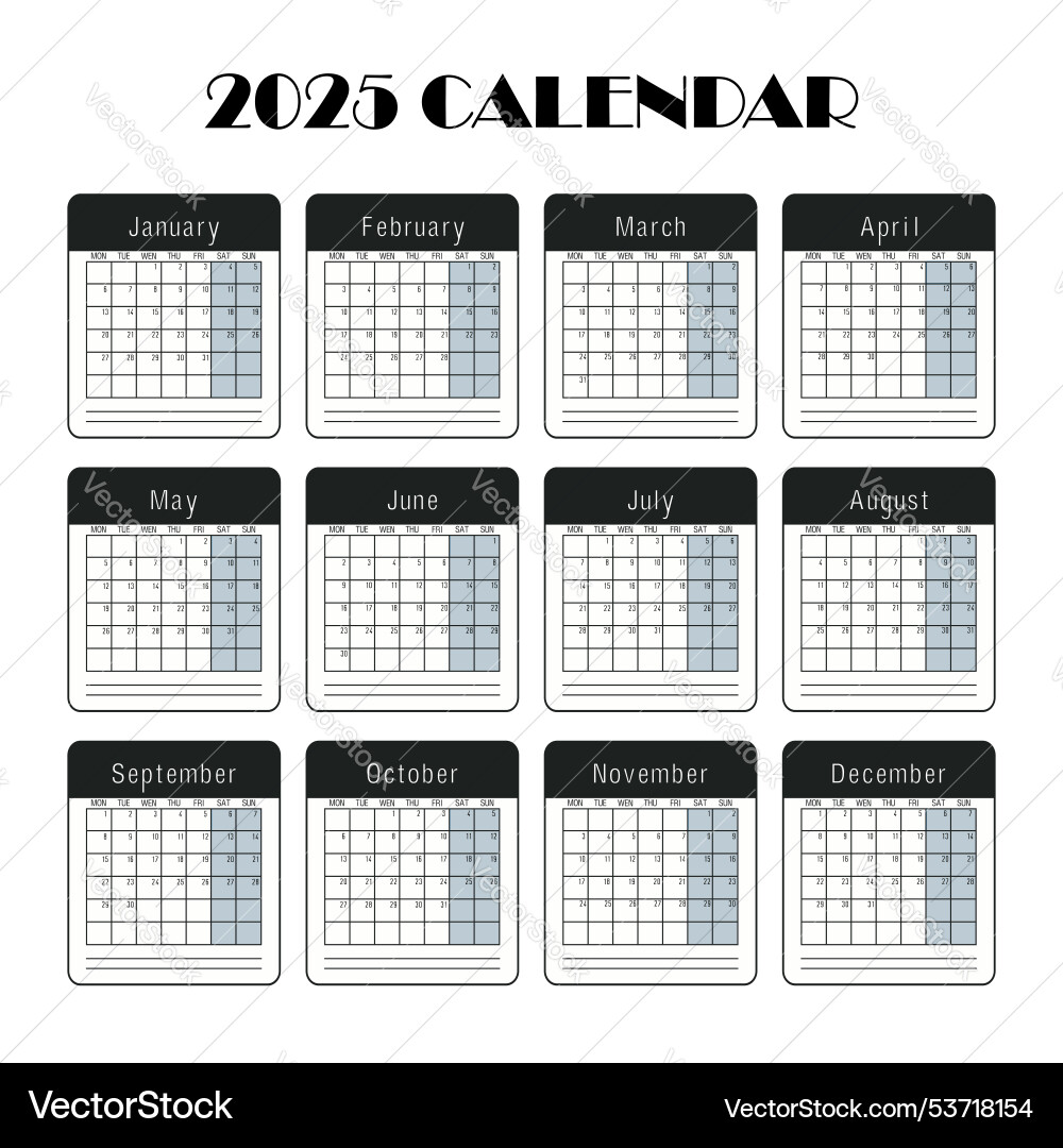 12 Monate Kalender für 2025 Lizenzfreies Vektorbild