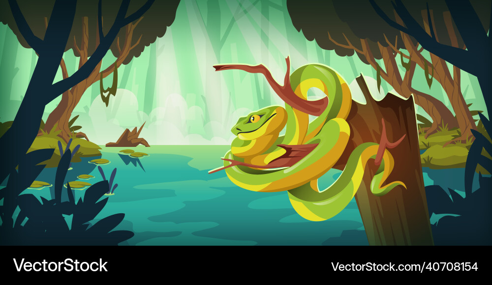 Exotic tropical snake on tree in jungle with pond Vector Image