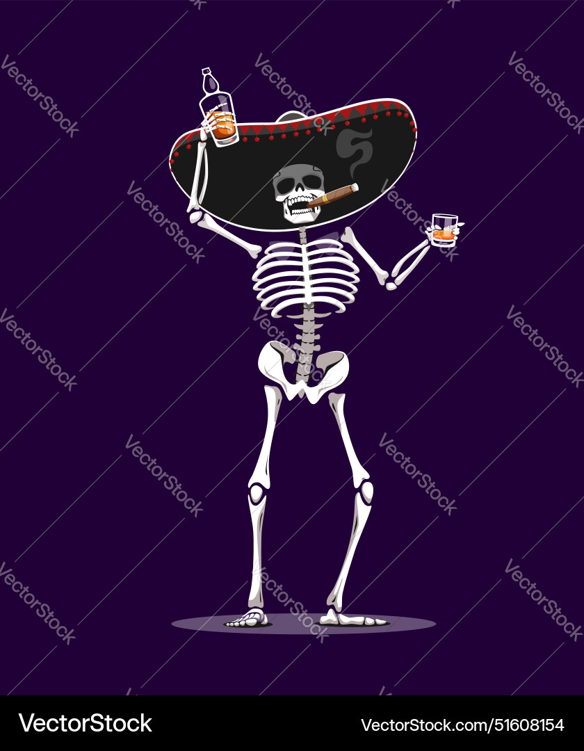 Halloween skeleton in sombrero drinking whiskey Vector Image