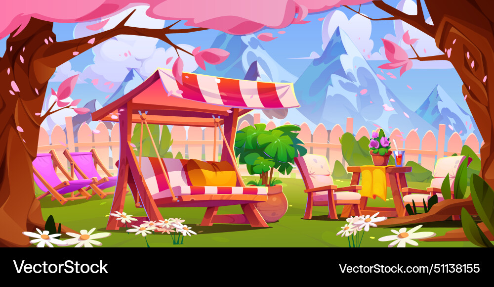 Backyard garden with fence and mountain Royalty Free Vector
