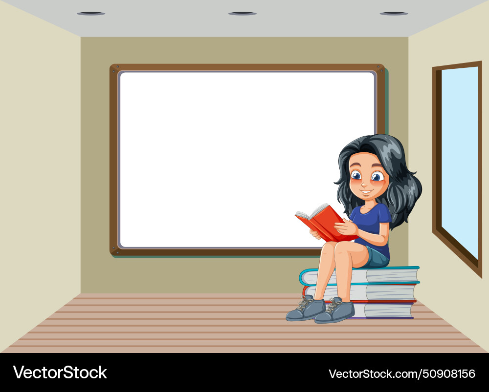 Cartoon girl reading book beside empty whiteboard Vector Image