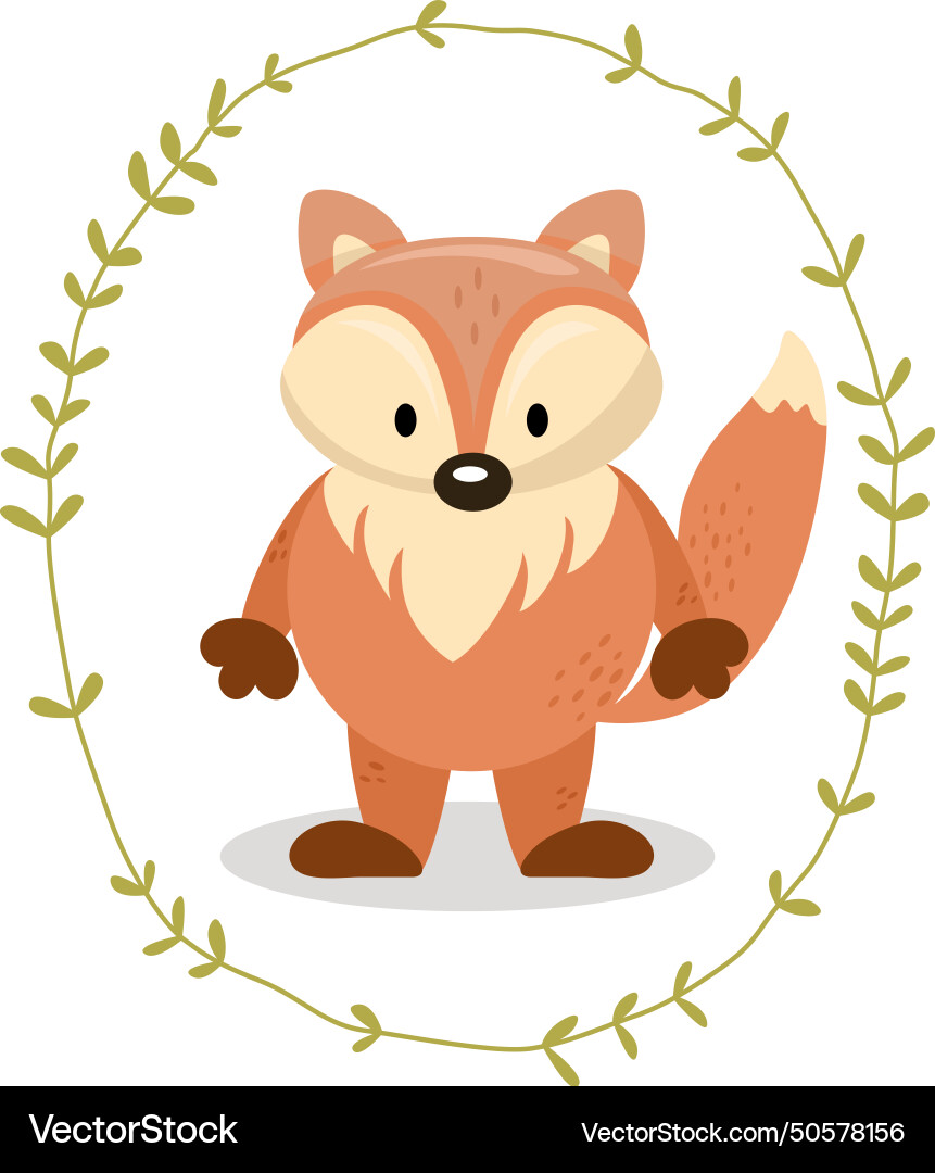 Cute fox inside an oval leaves border Royalty Free Vector