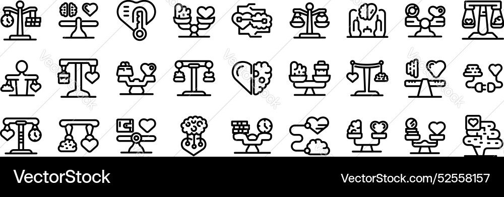 Brain heart balance icons set work life Royalty Free Vector