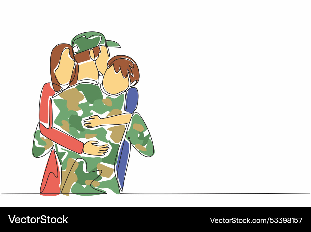Continuous one line drawing a soldier hugs his Vector Image
