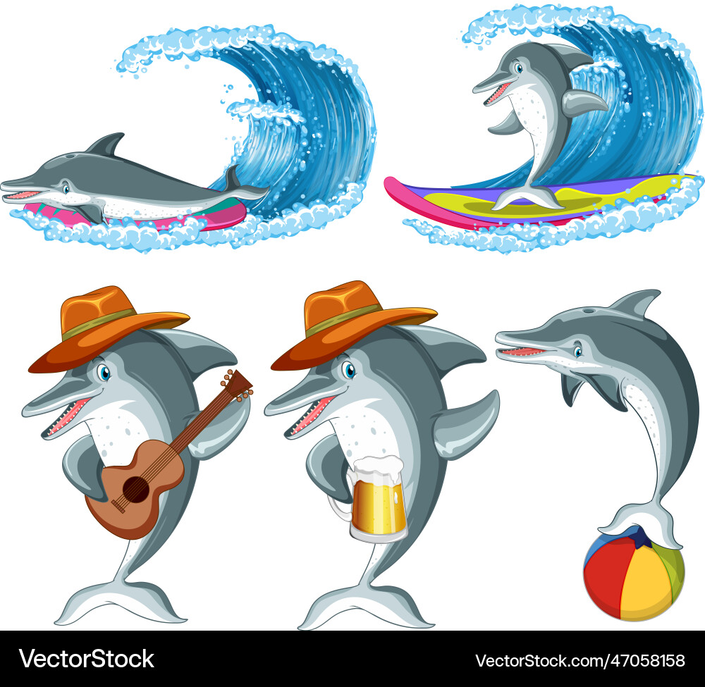 Cute dolphin cartoon characters collection Vector Image