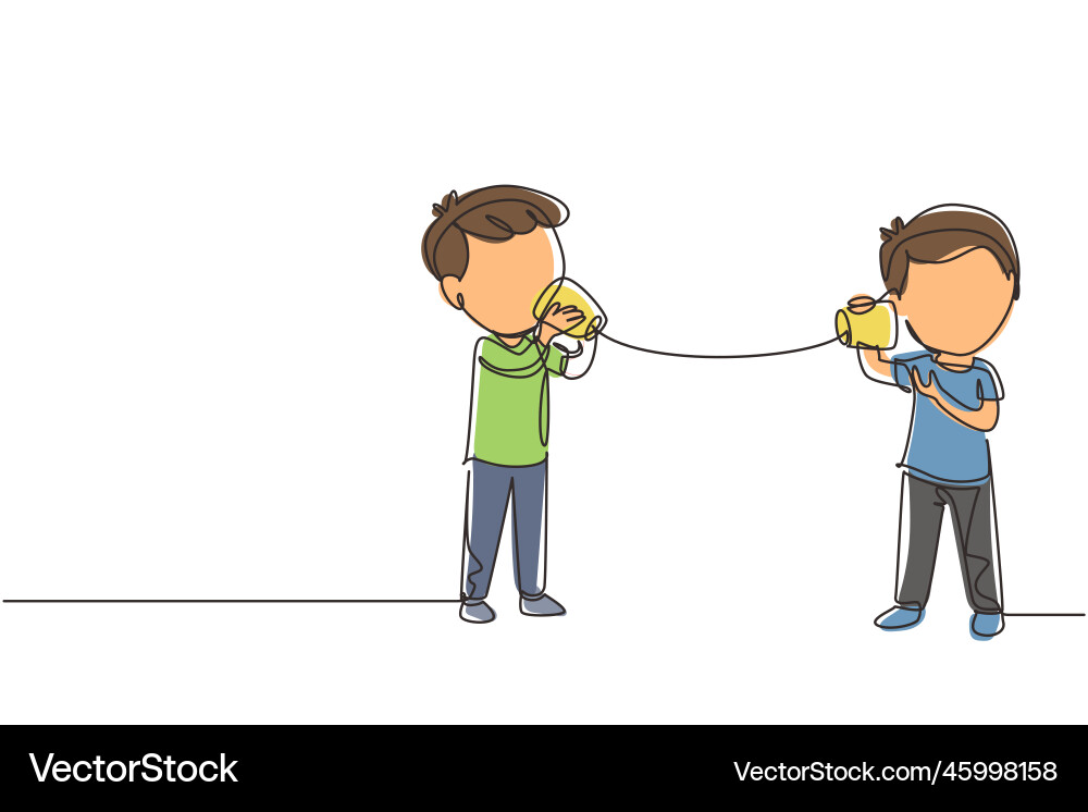 Single continuous line drawing little boys talk Vector Image