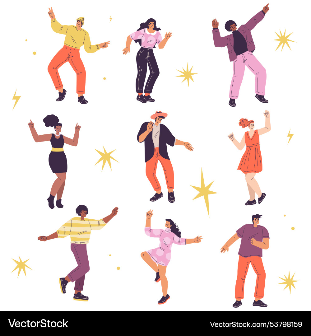 Dancing people character in rhythmic movement pose